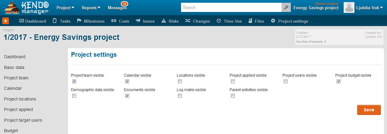 Project settings - Kendo Manager